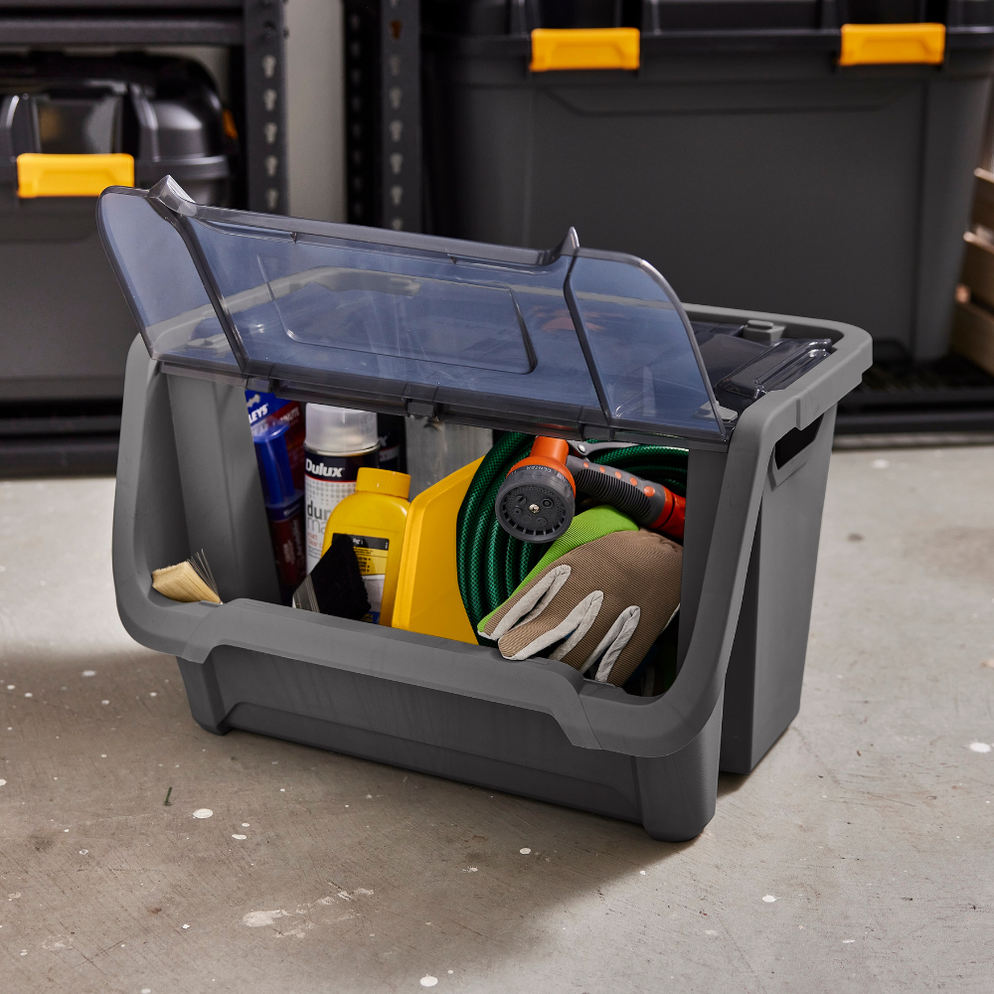 home 50l bunker tough open front storage tub with lid divider